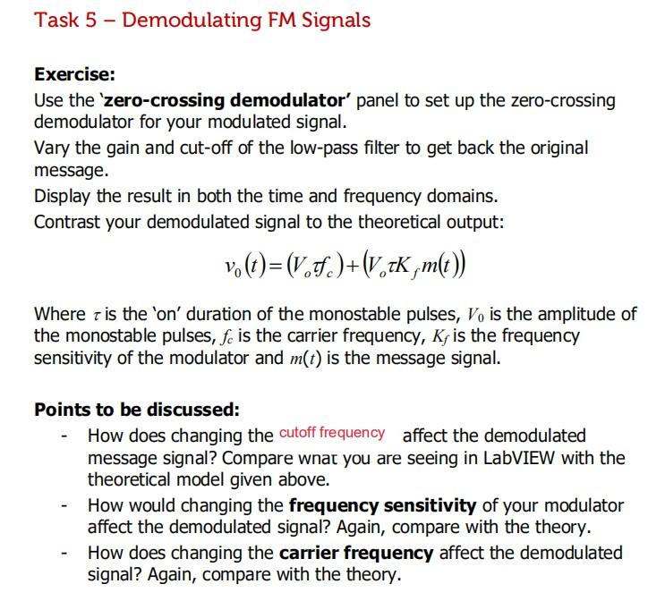Task 5 - Demodulating FM Signals Exercise: Use the | Chegg.com