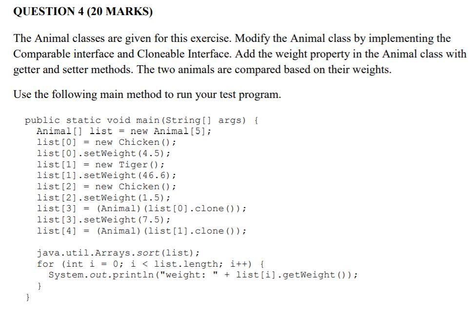 Solved QUESTION 4 (20 MARKS) The Animal classes are given | Chegg.com