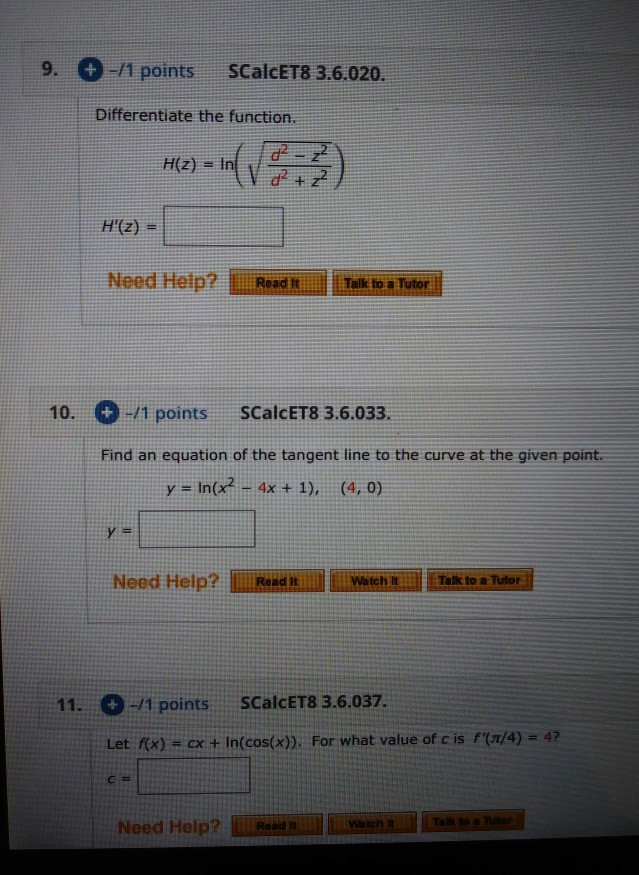 Solved 9. + -/1 points SCalcET8 3.6.020. Differentiate the | Chegg.com