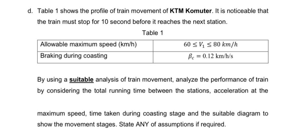 Solved d. Table 1 shows the profile of train movement of KTM | Chegg.com