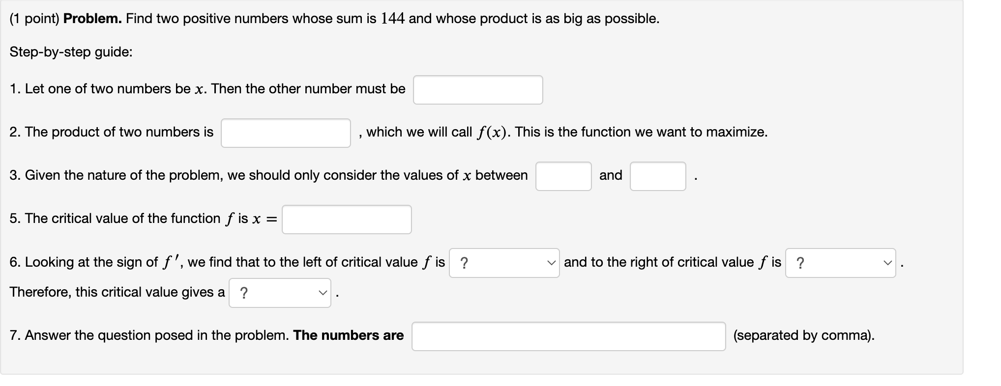 Solved (1 point) Problem. Find two positive numbers whose | Chegg.com