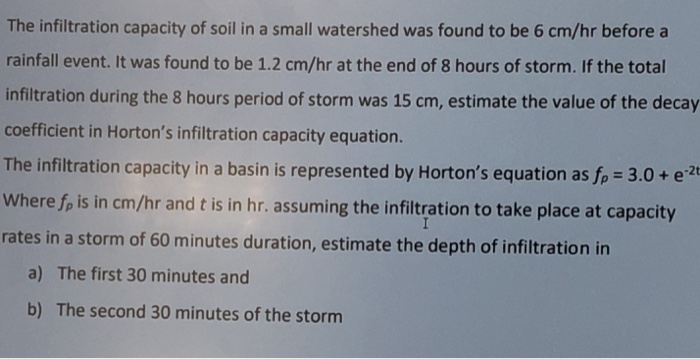 Solved The infiltration capacity of soil in a small | Chegg.com