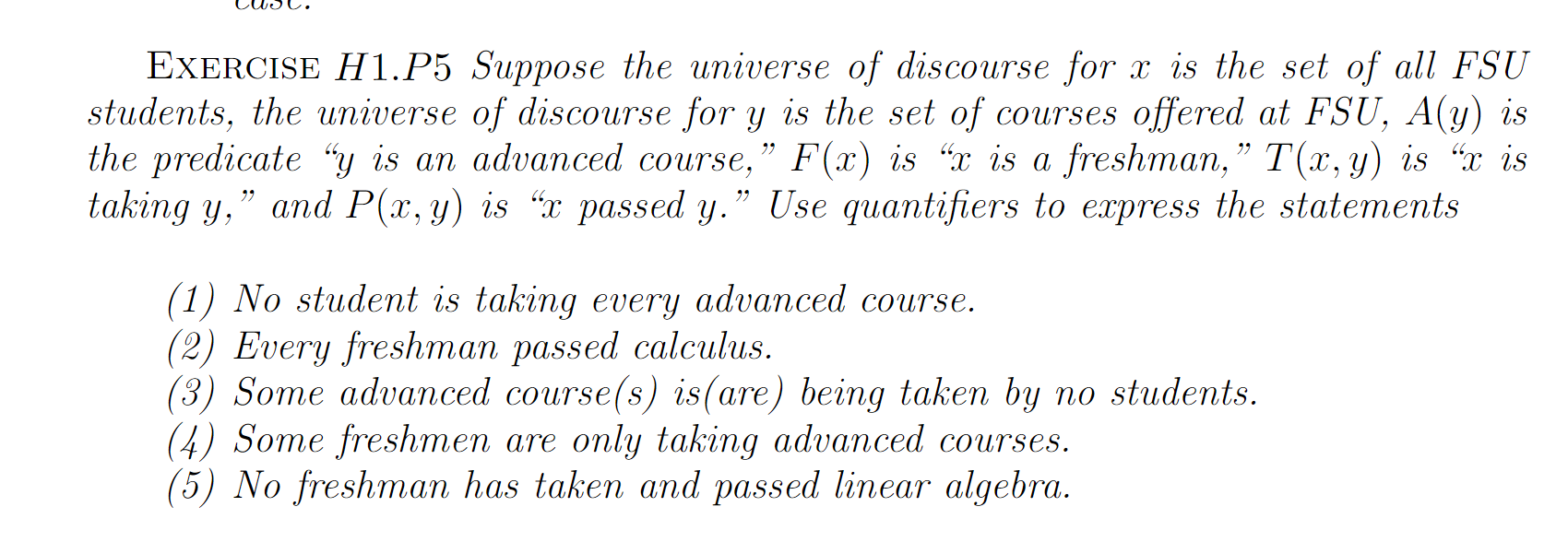 Solved EXERCISE H1.P5 Suppose the universe of discourse for | Chegg.com