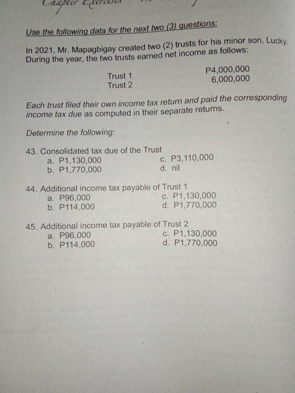 In 2021, Mr. Mapagbigay created two (2) trusts for | Chegg.com