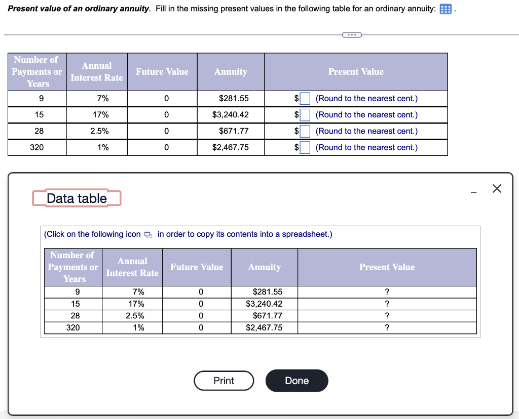 Solved Present value of an ordinary annuity. Fill in the | Chegg.com