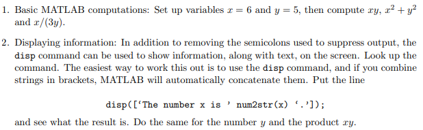 Solved 1. Basic MATLAB computations: Set up variables x=6 | Chegg.com Solved 1. Basic MATLAB computations: Set up variables x=6 | Chegg.com
