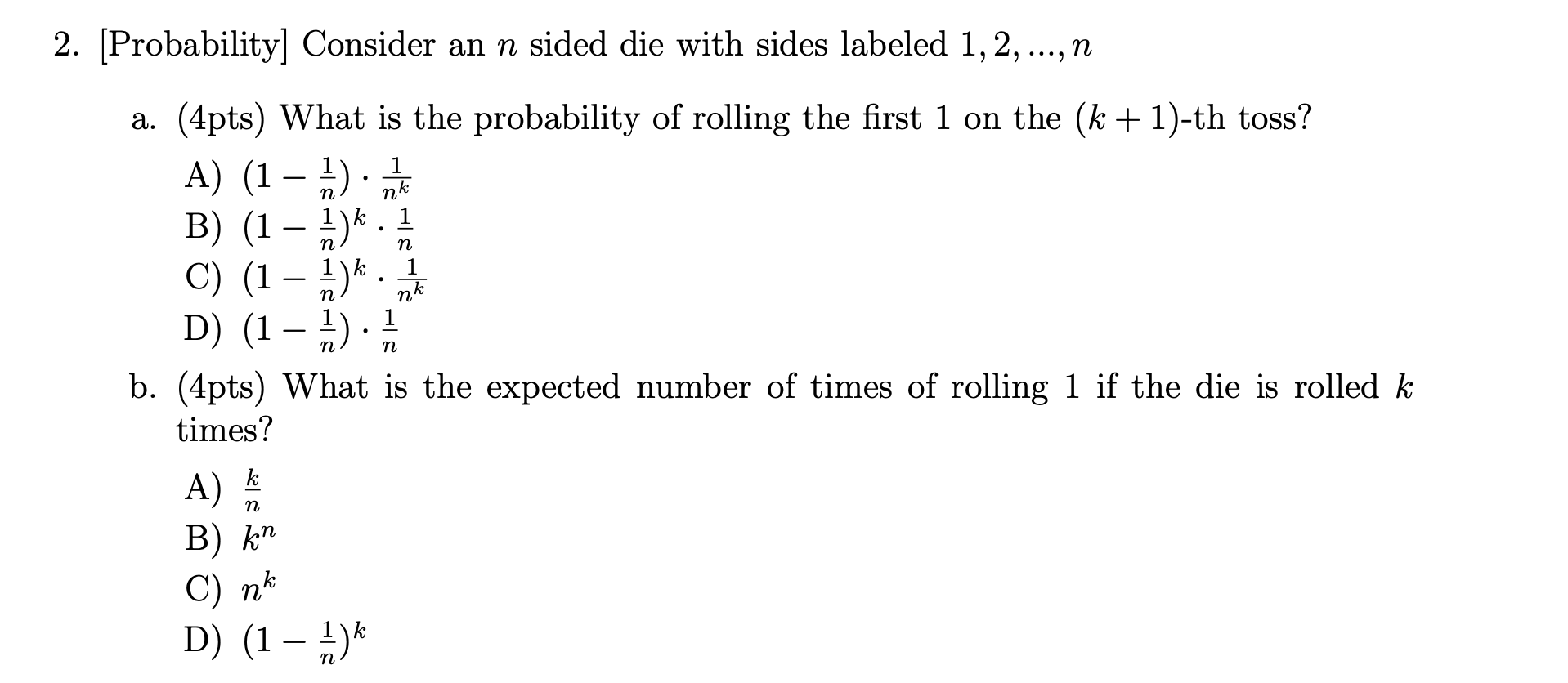 Solved [Probability] Consider an n sided die with sides | Chegg.com