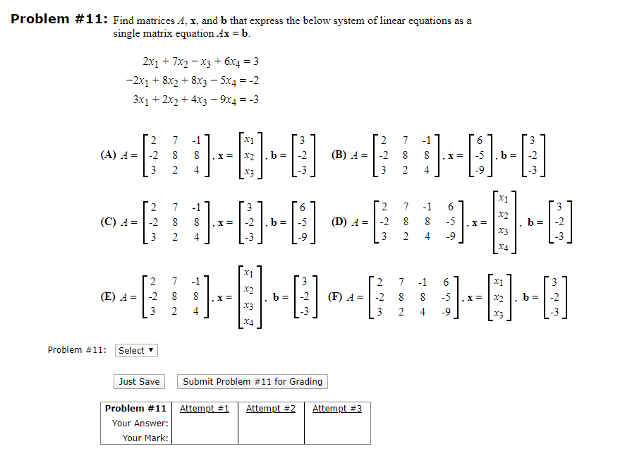 Solved Problem #11: Find matrices A, x, and b that express | Chegg.com