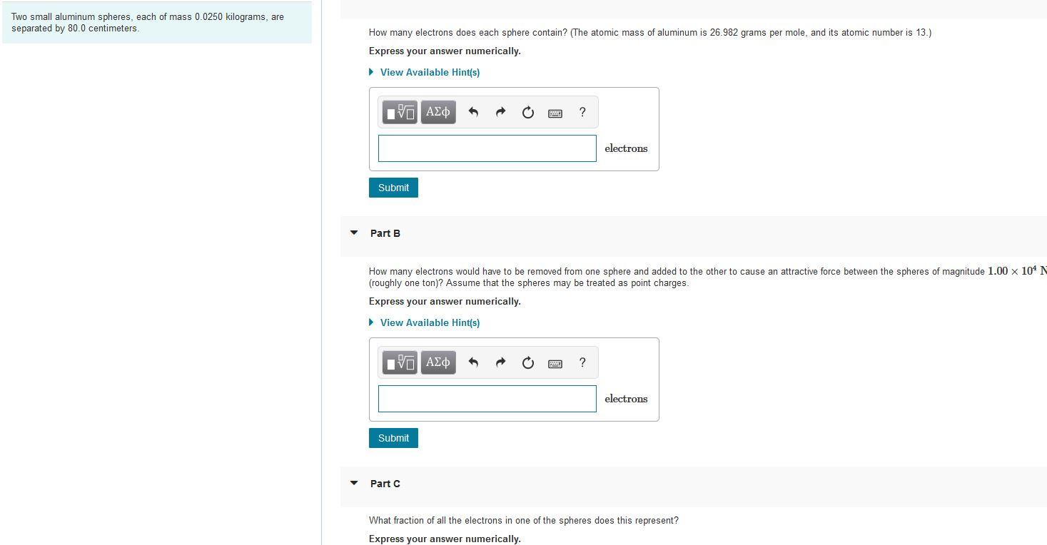 Solved Two small aluminum spheres, each of mass 0.0250 | Chegg.com