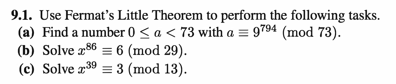 Solved 9.1. Use Fermat's Little Theorem to perform the | Chegg.com