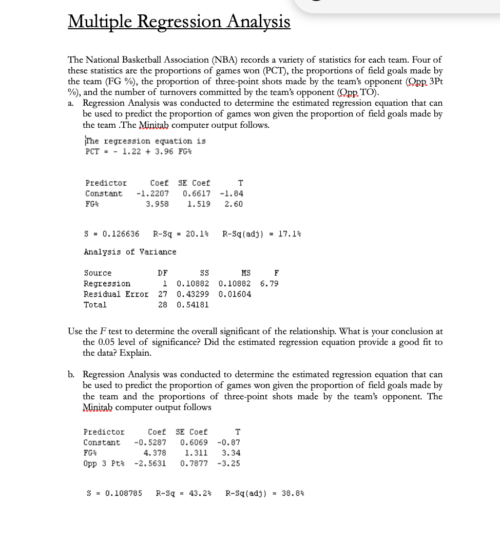 Solved Multiple Regression Analysis The National Basketball