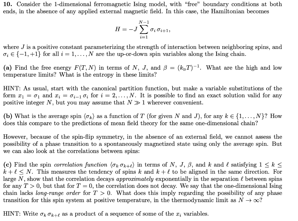 Solved 10. Consider the 1-dimensional ferromagnetic Ising | Chegg.com