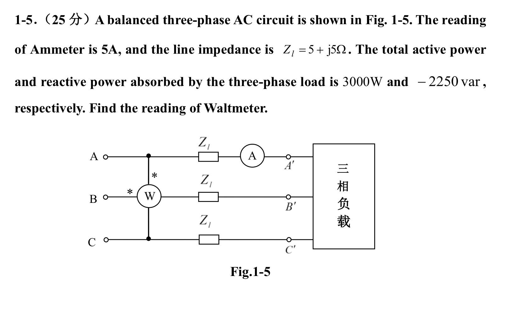 Solved 1-5. (25 $) A balanced three-phase AC circuit is | Chegg.com