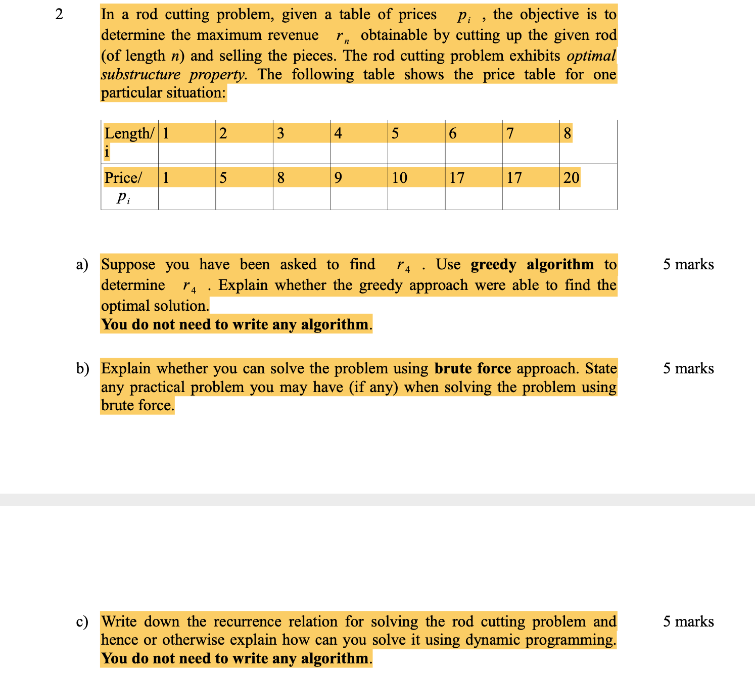 Solved In a rod cutting problem, given a table of prices pi, | Chegg.com