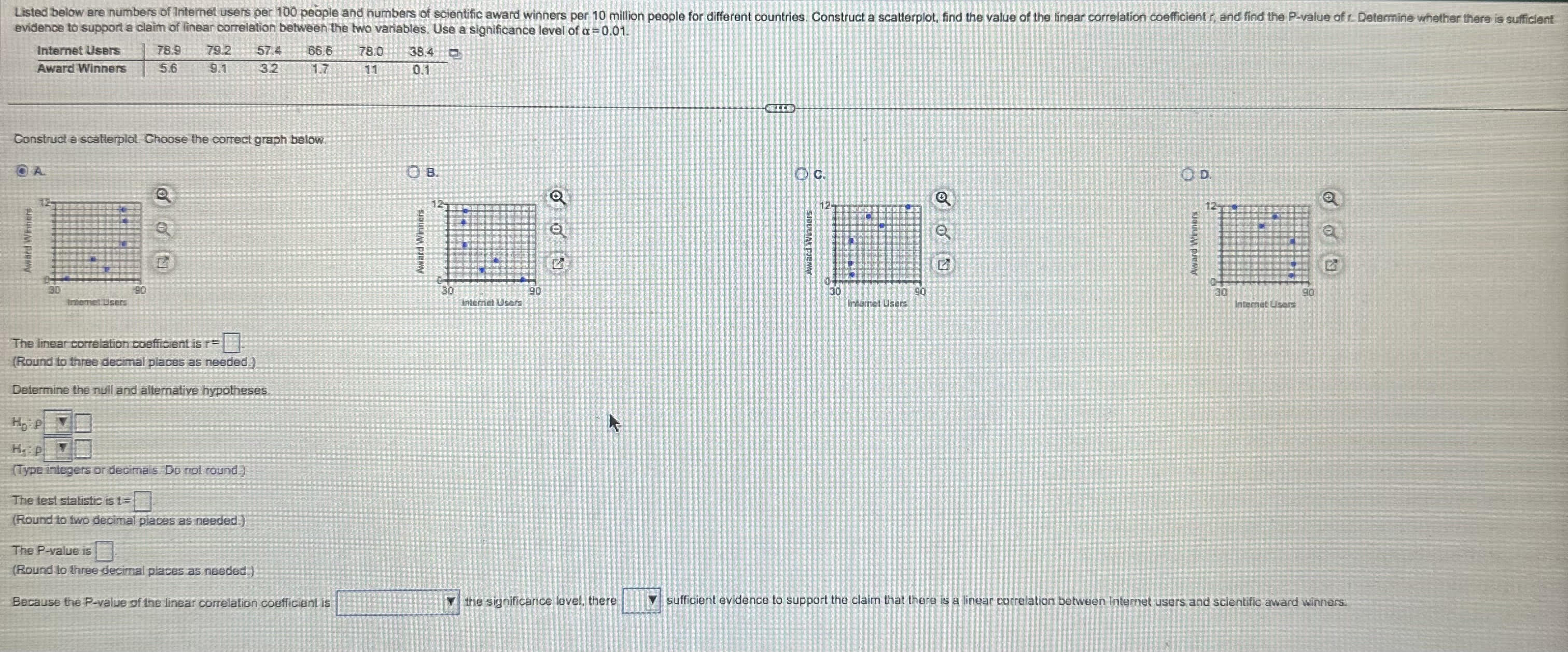 Solved evidence to support a claim of linear correlation | Chegg.com