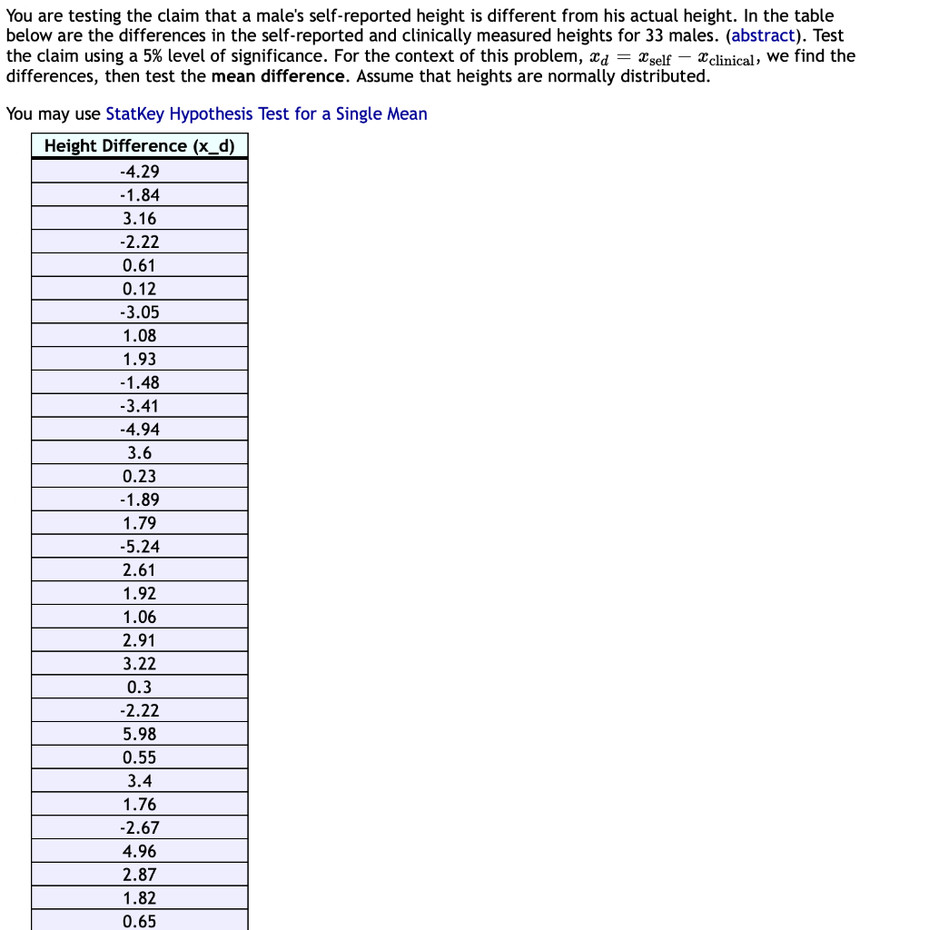 Solved You are testing the claim that a male's self-reported | Chegg.com
