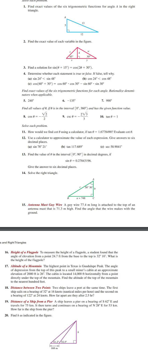 Solved 1. Find exact values of the six trigonometric | Chegg.com