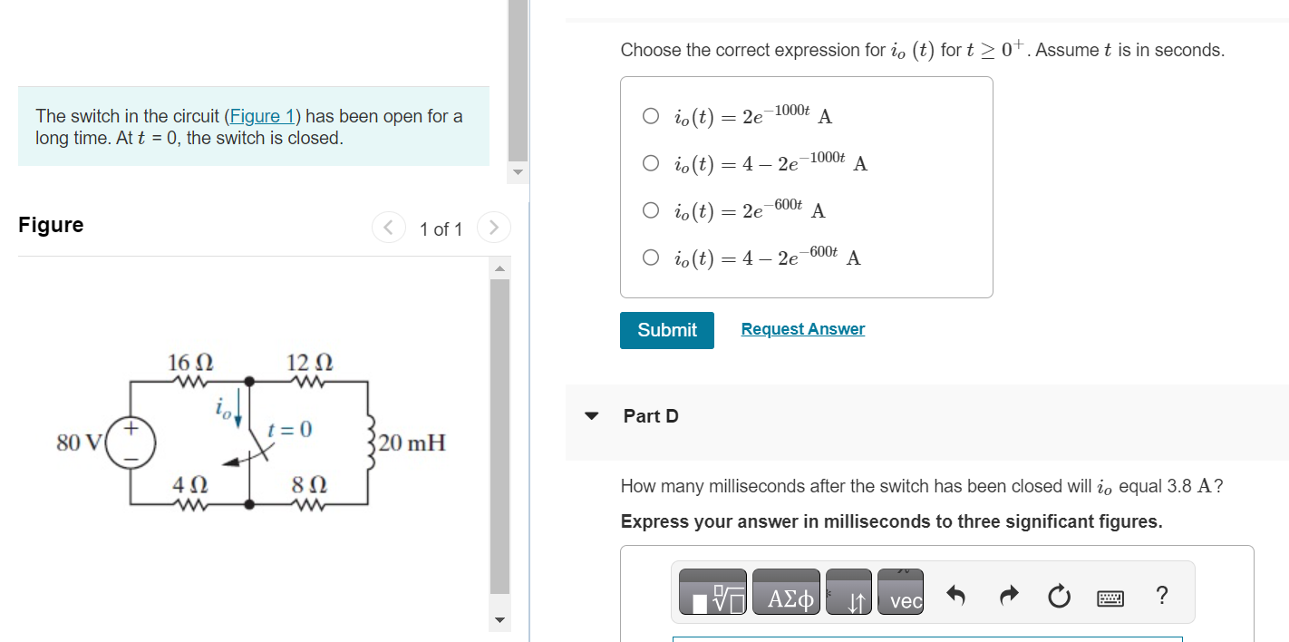 Solved Choose the correct expression for io(t) for t≥0+. | Chegg.com