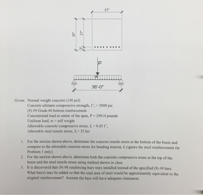 27" 36'-0" Given: Normal weight concrete (150 pcf) | Chegg.com