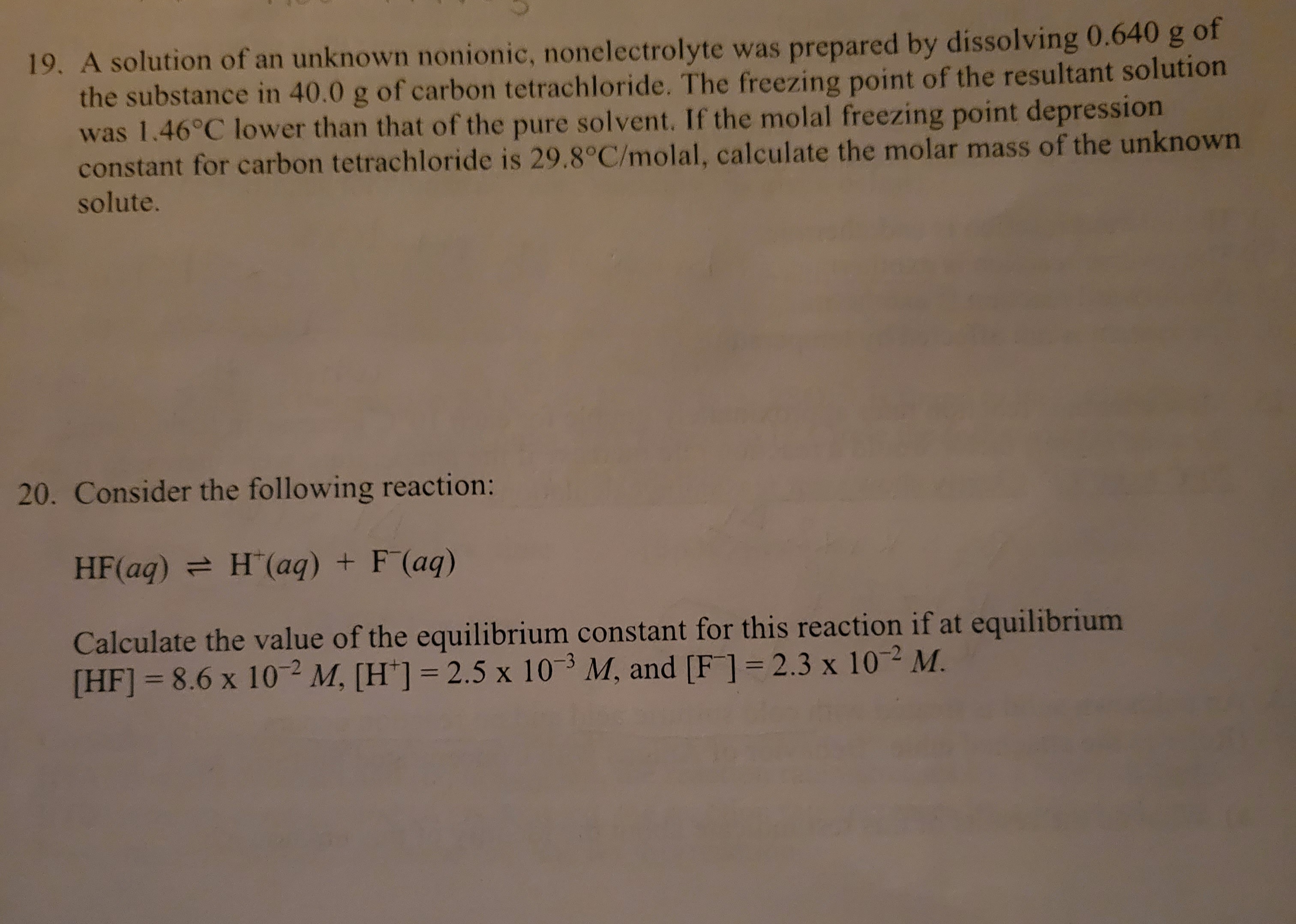 Solved 19. A solution of an unknown nonionic, nonelectrolyte | Chegg.com