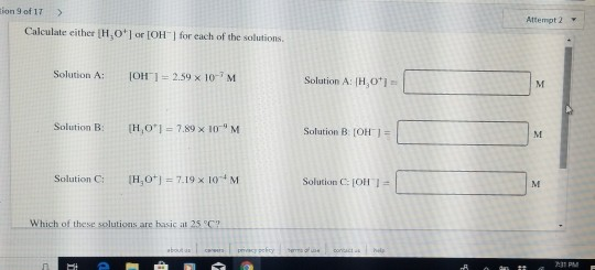 Solved Calculate either H3O or OH for each of the | Chegg.com