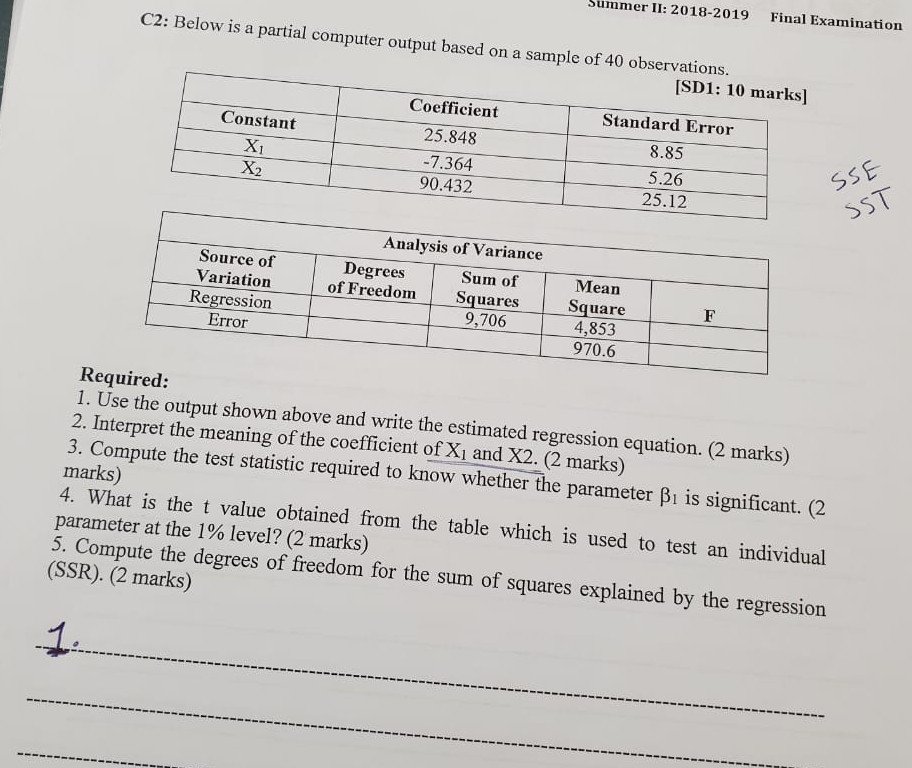 Solved C2: Below is a partial computer output based on a | Chegg.com