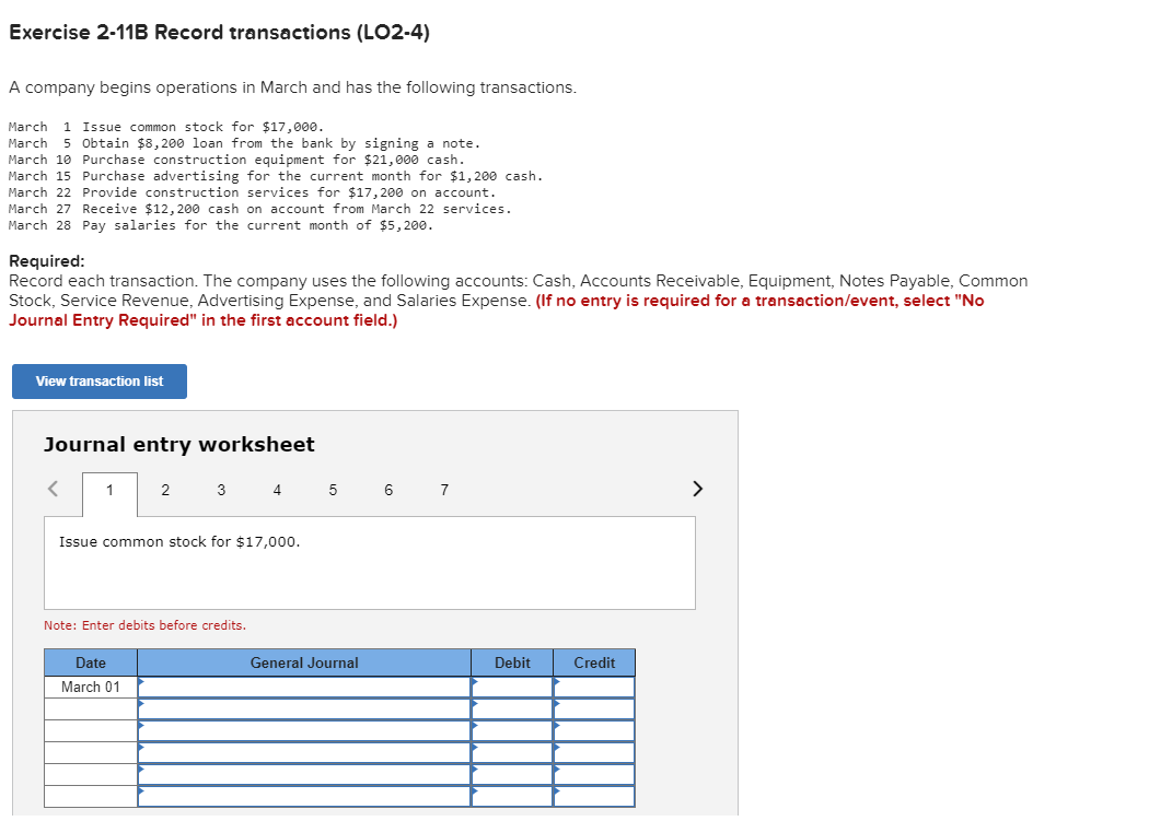 Solved Exercise 2-11B Record transactions (LO2-4) A company | Chegg.com