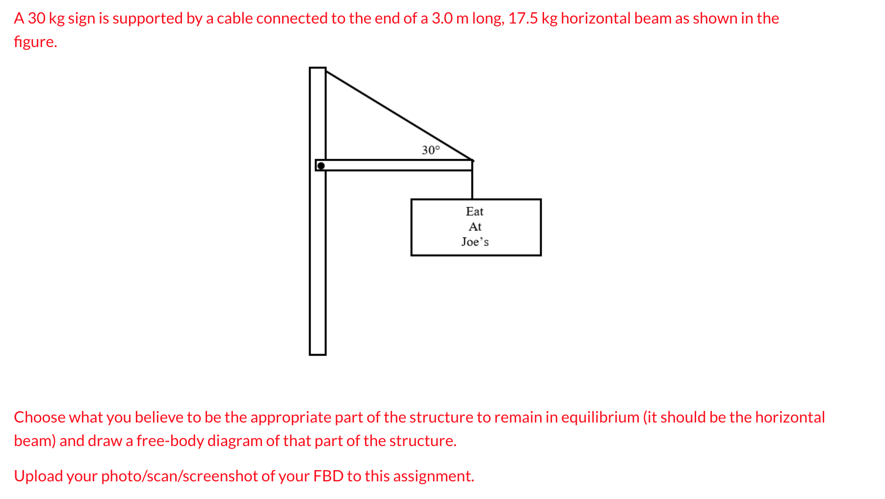 Solved A 30 kg sign is supported by a cable connected to the | Chegg.com