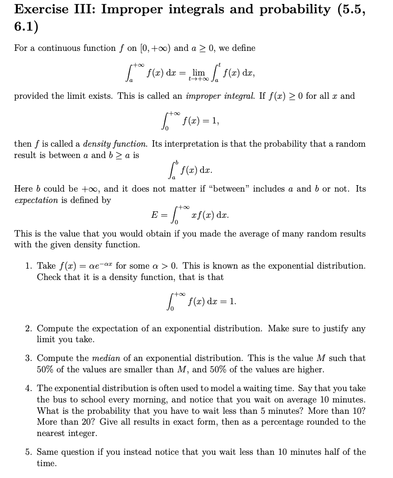 Exercise III: Improper integrals and probability | Chegg.com