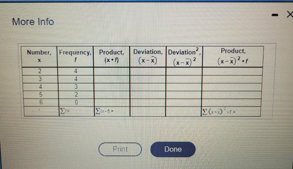 Solved - x More Info Number, Frequency, Product, Deviation, | Chegg.com