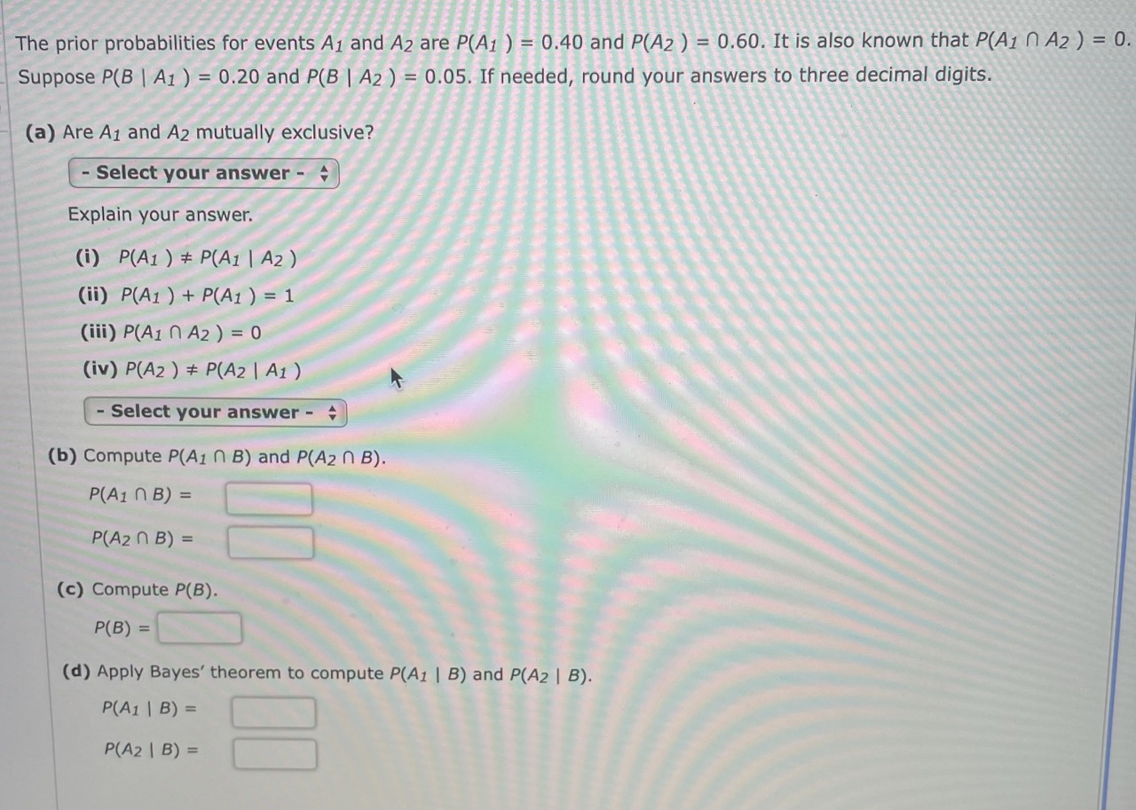Solved The prior probabilities for events A1 and A2 are | Chegg.com