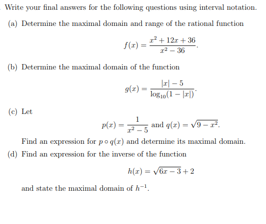 Solved Write your final answers for the following questions | Chegg.com