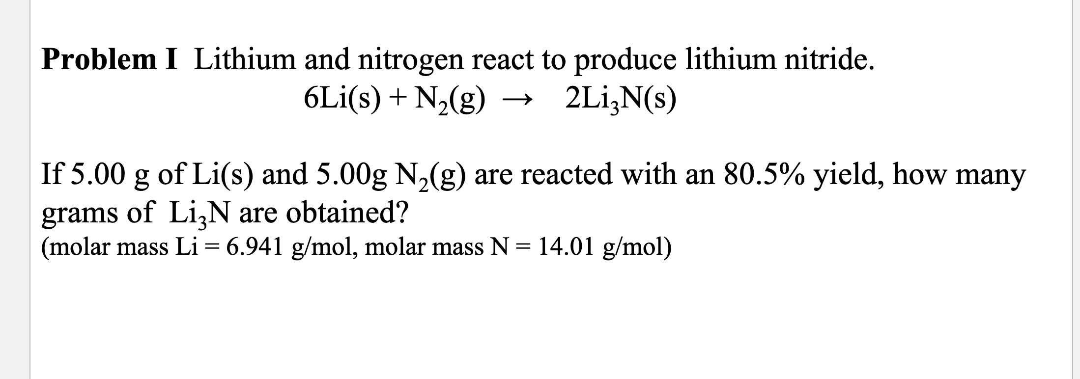 Solved Problem I Lithium and nitrogen react to produce | Chegg.com