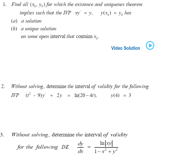 Solved 1. Find all (x0,y0) for which the existence and | Chegg.com