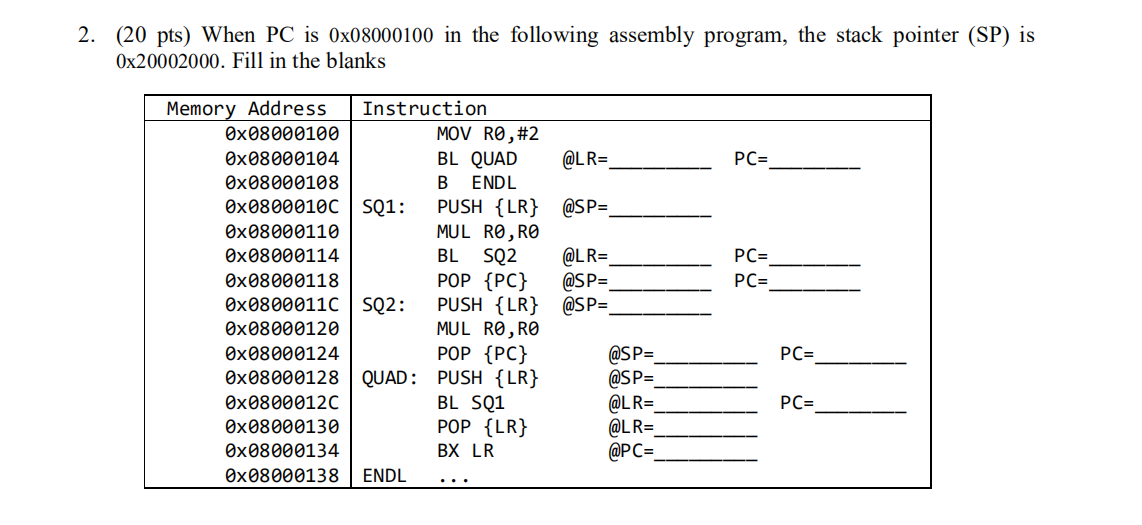 Solved 2. (20 pts) When PC is 0x08000100 in the following | Chegg.com