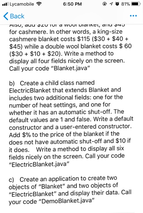 Solved l Lycamobile 6:50 PM Back a) Create a class named | Chegg.com