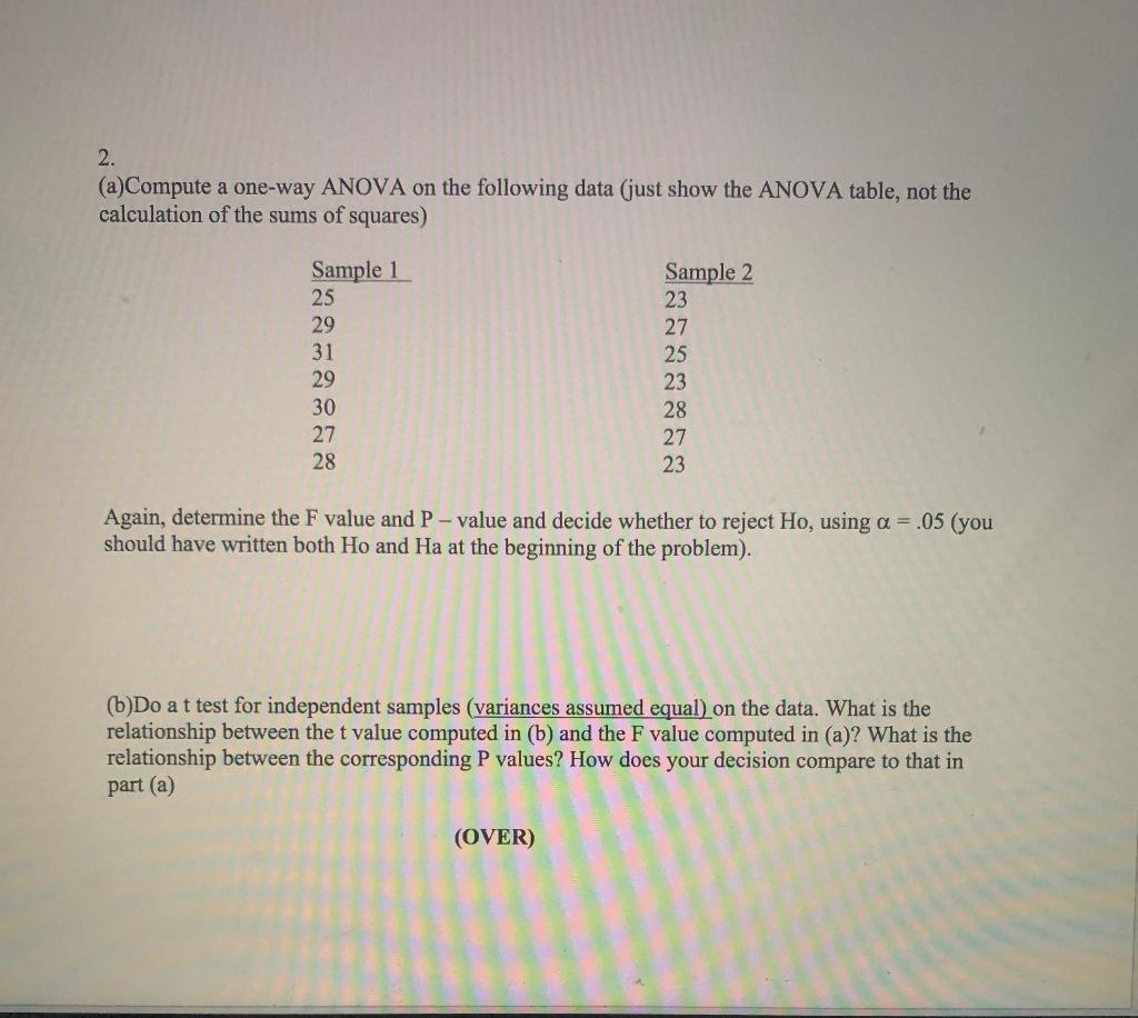 Solved 2. (a)Compute a one-way ANOVA on the following data | Chegg.com