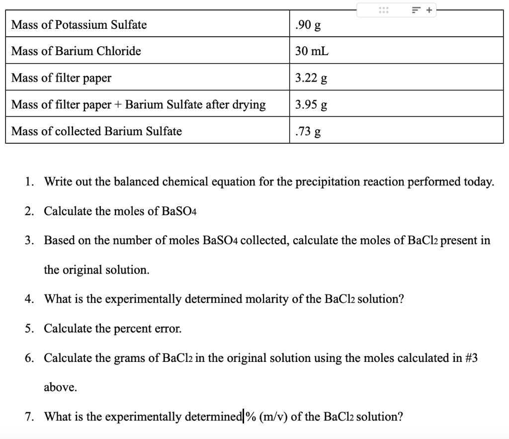 Solved = + Mass of Potassium Sulfate .90 g Mass of Barium | Chegg.com
