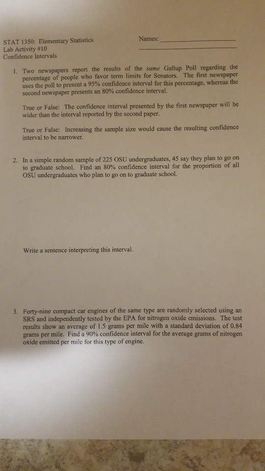 Solved Names: STAT 1350: Elementary Statistics Lab Activity | Chegg.com