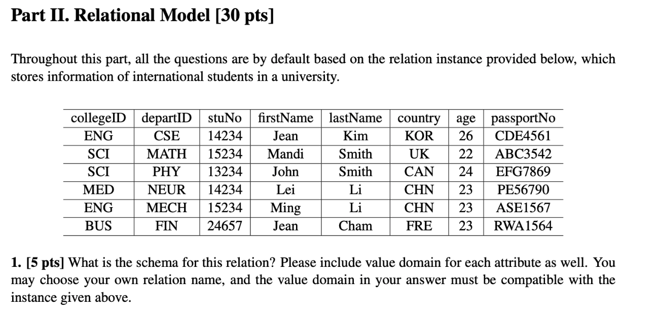 Solved Part II. Relational Model [30 pts] Throughout this | Chegg.com