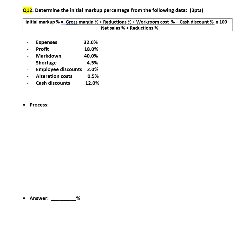 Solved Q12. Determine the initial markup percentage from the | Chegg.com