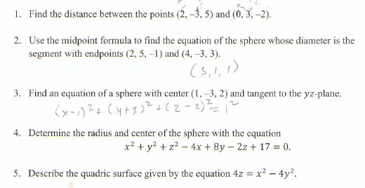 Solved 1. Find the distance between the points (2.-3, 5) and | Chegg.com