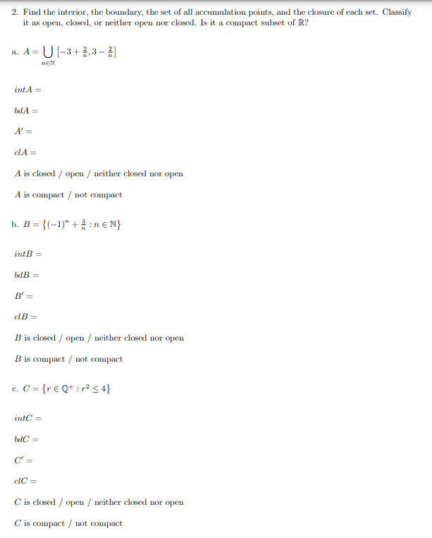 Solved 2. Find the interior, the boundary, the set of all | Chegg.com