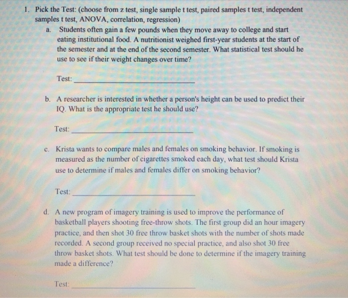 Solved 1. Pick the Test: (choose from z test, single sample | Chegg.com