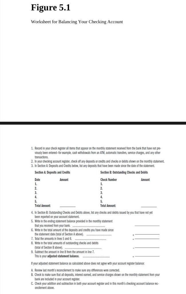 Worksheet for Balancing Your Checking Account 1. | Chegg.com