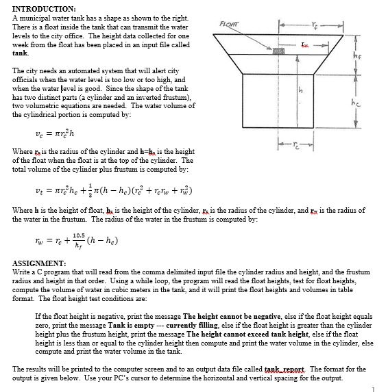 (Solved) : Introduction Municipal Water Tank Shape Shown Right Float ...