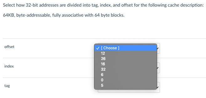 Solved Select how 32-bit addresses are divided into tag, | Chegg.com