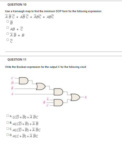 Solved QUESTION 10 Use a Karnaugh map to find the minimum | Chegg.com