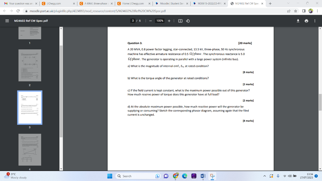 Solved Question 3. [20 marks] A 20 MVA, 0.8 power factor | Chegg.com