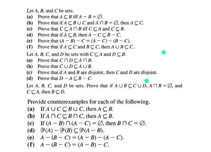 Solved Let A,B, and C be sets. (a) Prove that A⊆B iff A−B=∅. | Chegg.com